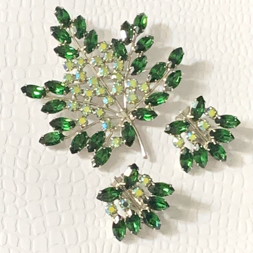 Rare Designer B David Emerald Rhinestone Brooch Earri… - Gem